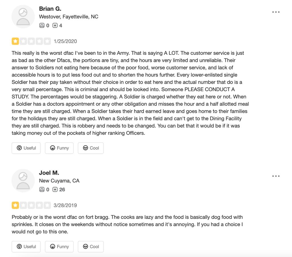 Troops leave scathing Yelp reviews for military dining facilities